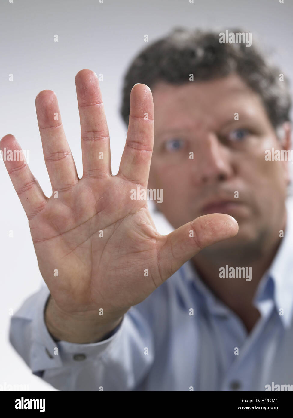 Man, view camera, hand, gesture, detail, person, shirt, view, seriously ...