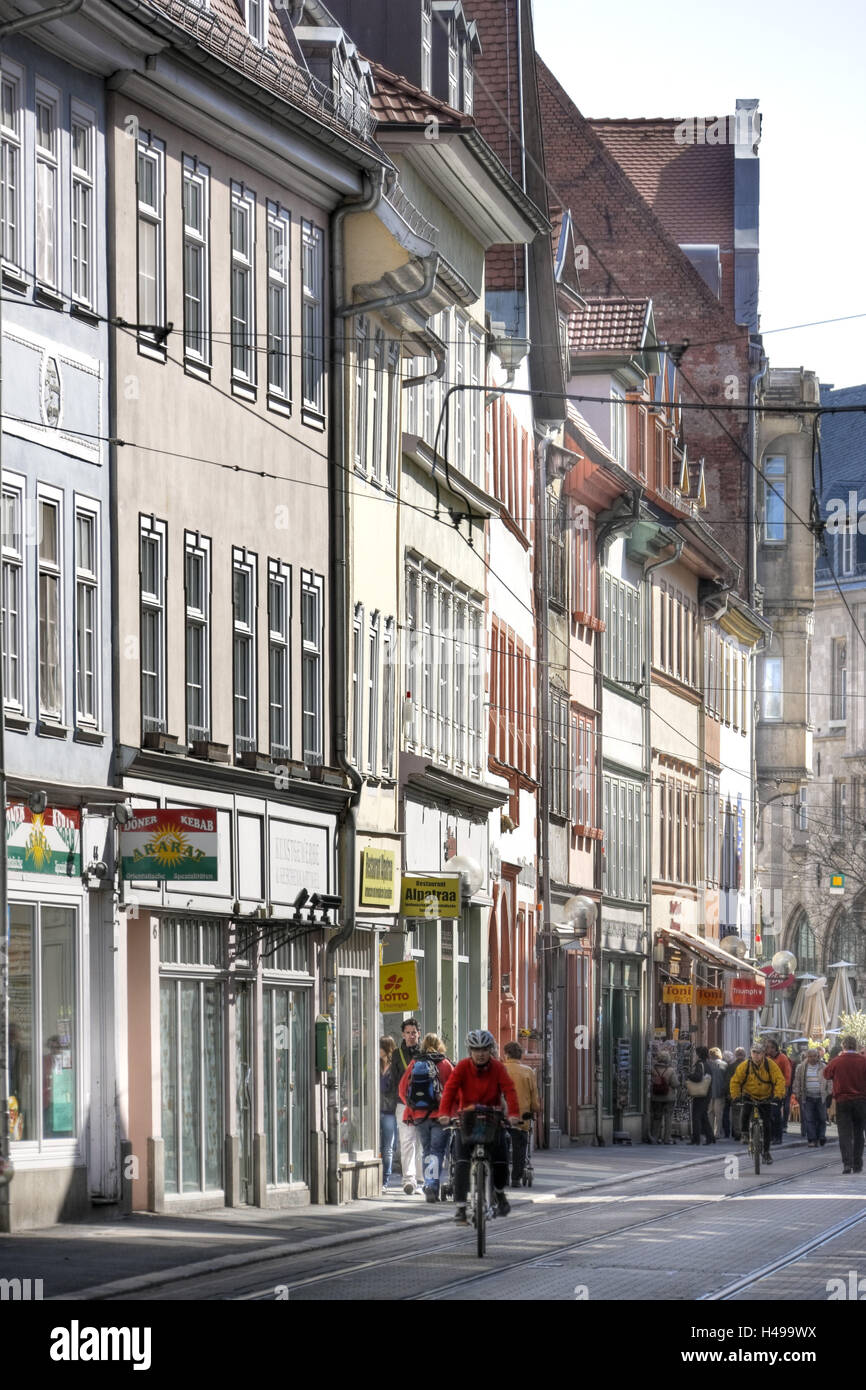 Germany, Thuringia, Erfurt, street, town houses, pedestrians, cyclists ...