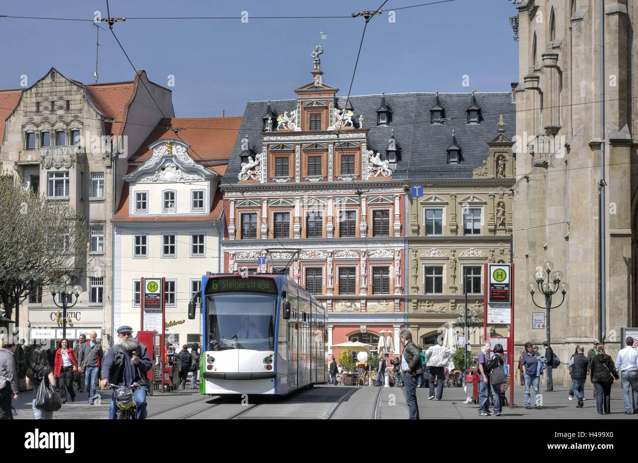 Germany, Thuringia, Erfurt, square, houses, streetcar, pedestrians ...