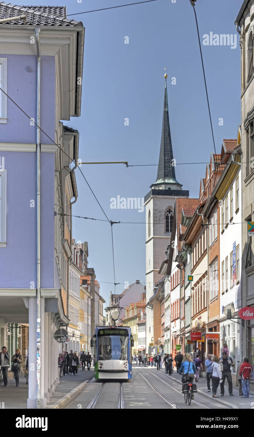 Germany, Thuringia, Erfurt, street, houses, streetcar, pedestrians ...