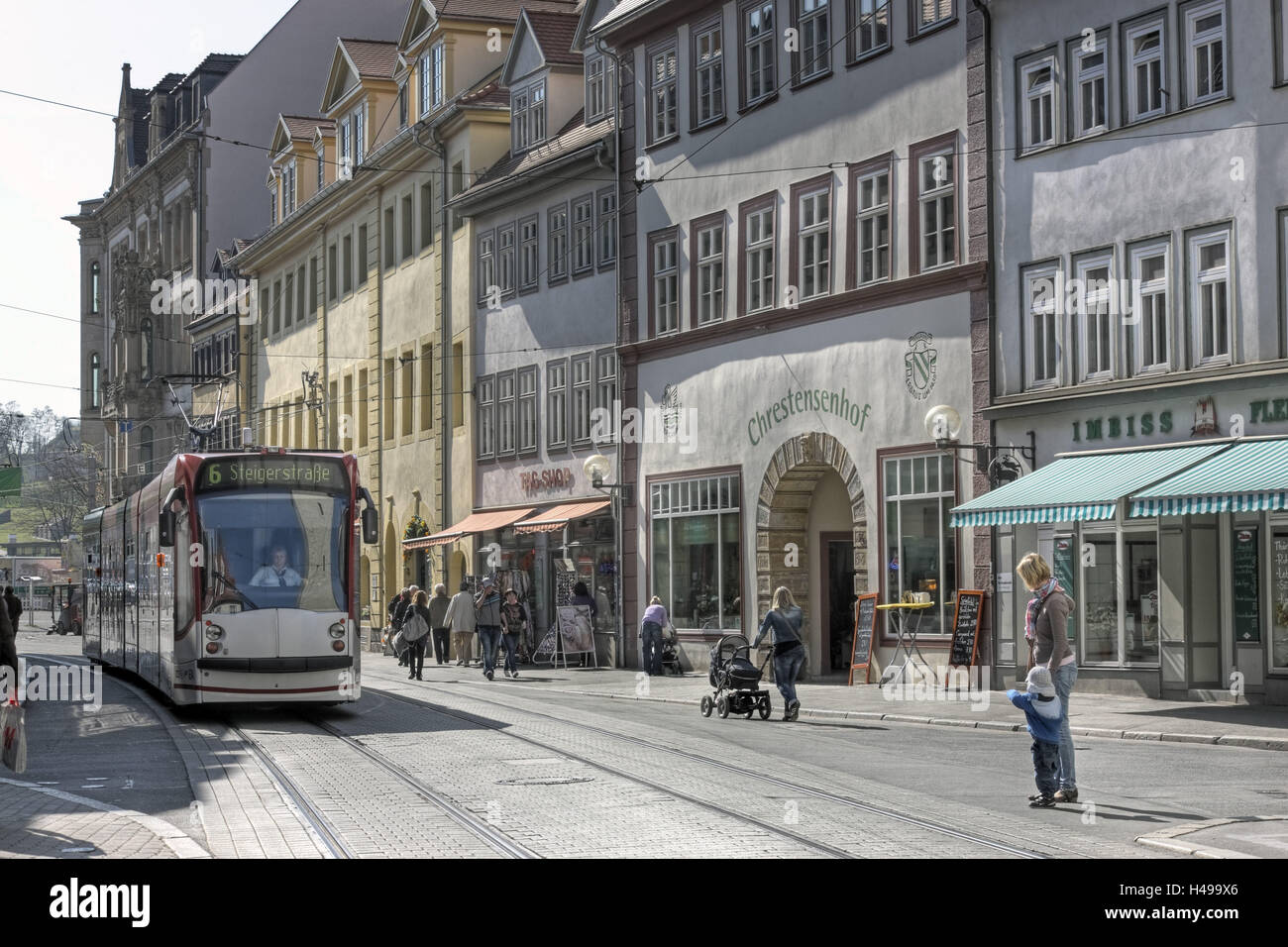 Germany, Thuringia, Erfurt, street, houses, streetcar, pedestrian Stock ...