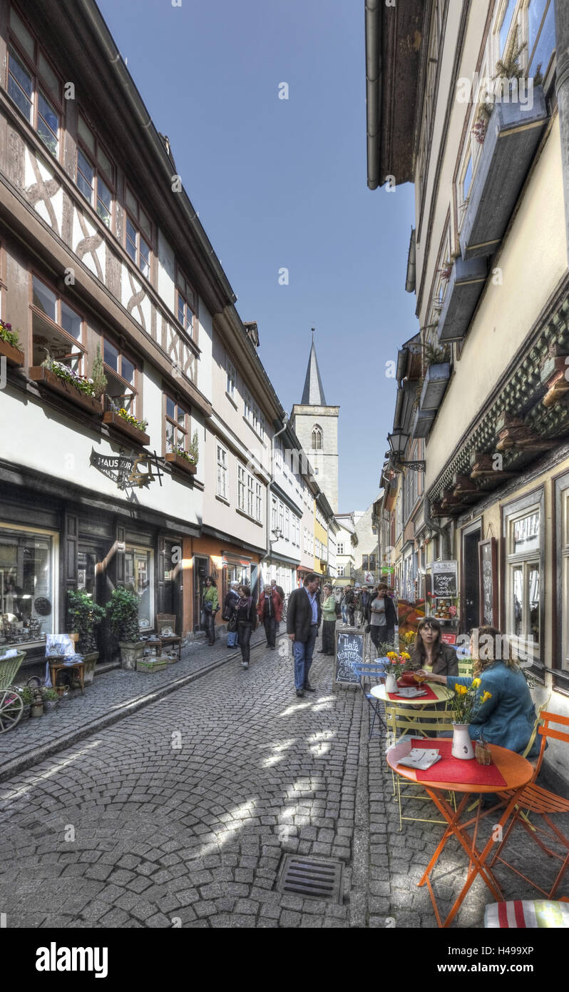Germany, Thuringia, Erfurt, street, old town, houses, cafe, people ...