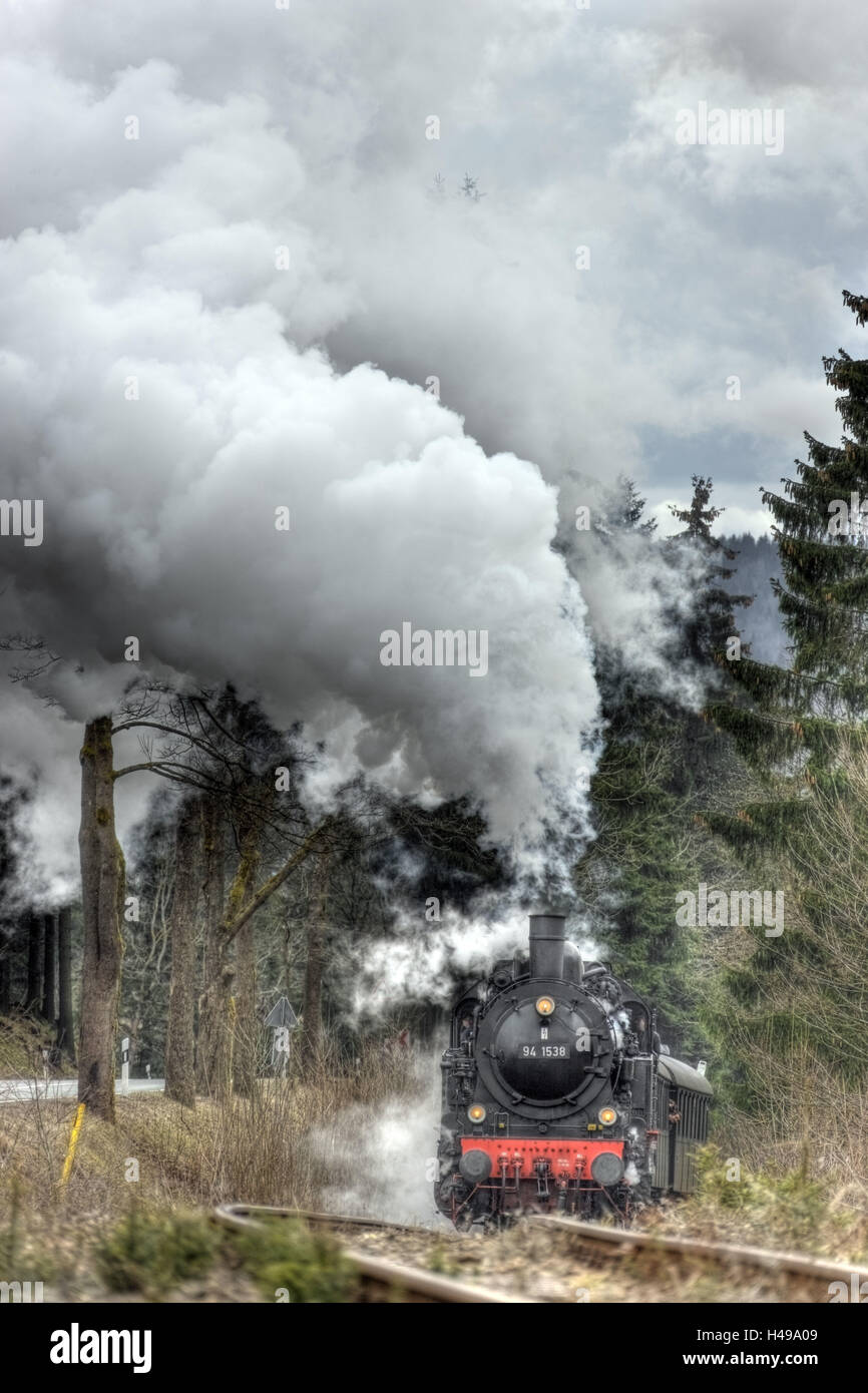 Passenger train, steam locomotive, smoke, track, landscape Stock Photo ...