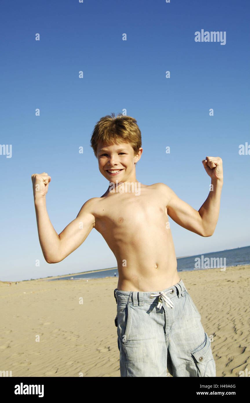 Boy, beach, gesture, muscles, force, starch, half portrait, vacation ...