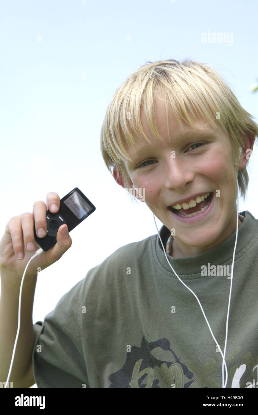 Boy, music hear, Earphones, happily Stock Photo - Alamy