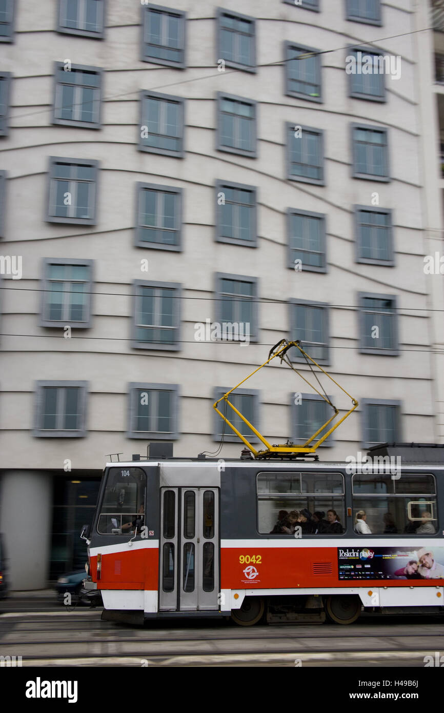 Czech Republic, Prague, streetcar, moving, side view Stock Photo - Alamy
