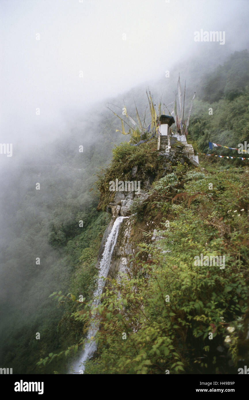 Bhutan, Trashigang, mountain, waterfall, reliquary, "Chorte", prayer ...