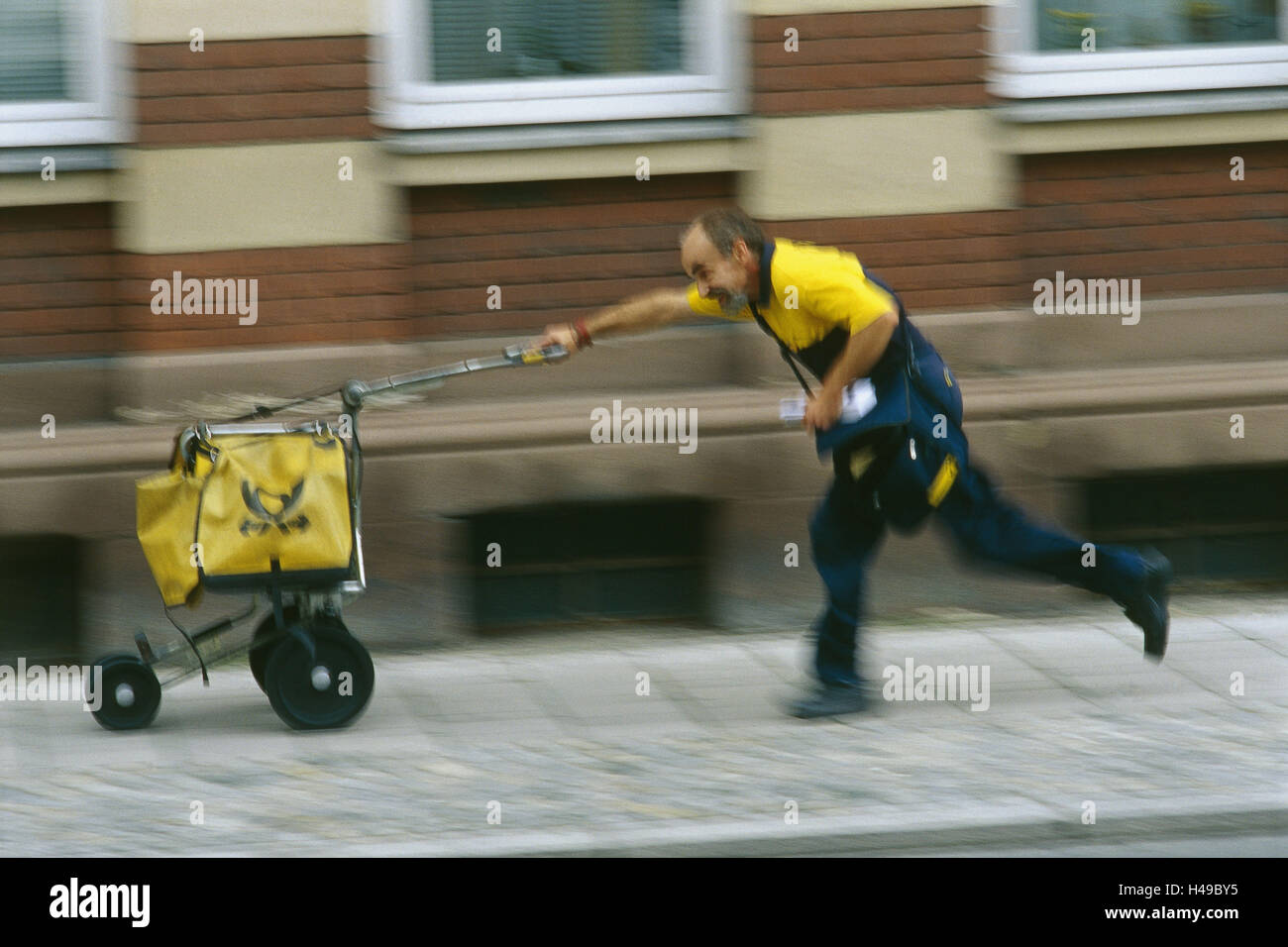 Sidewalk, postman, mail car, push, haste, blur, side view, people, man ...