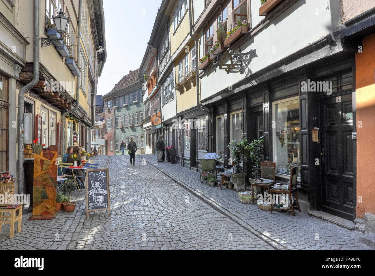 Germany, Thuringia, Erfurt, street, retail shops, houses Stock Photo ...