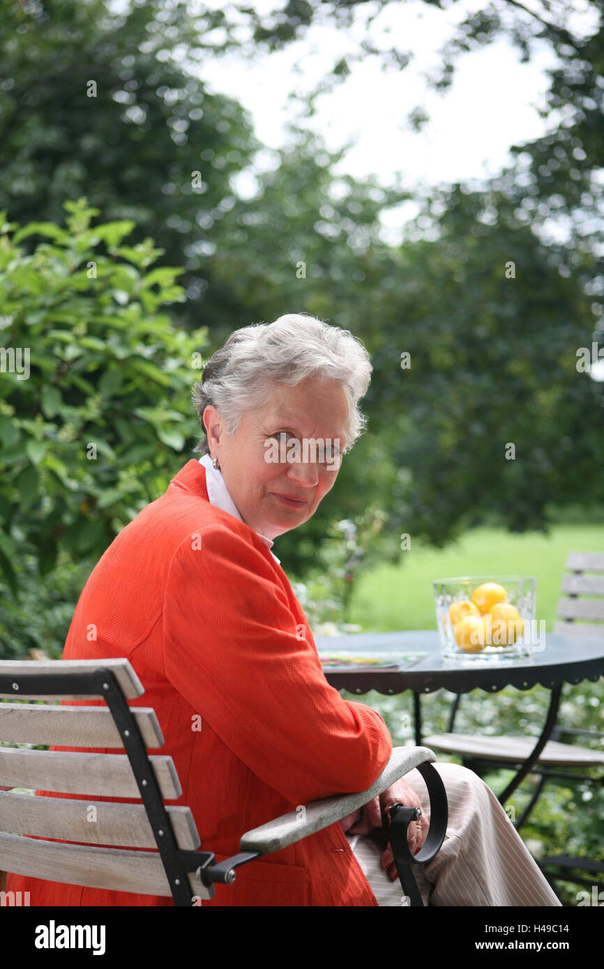 Garden, senior, sit, terrace, back view, look around, smile, summers ...