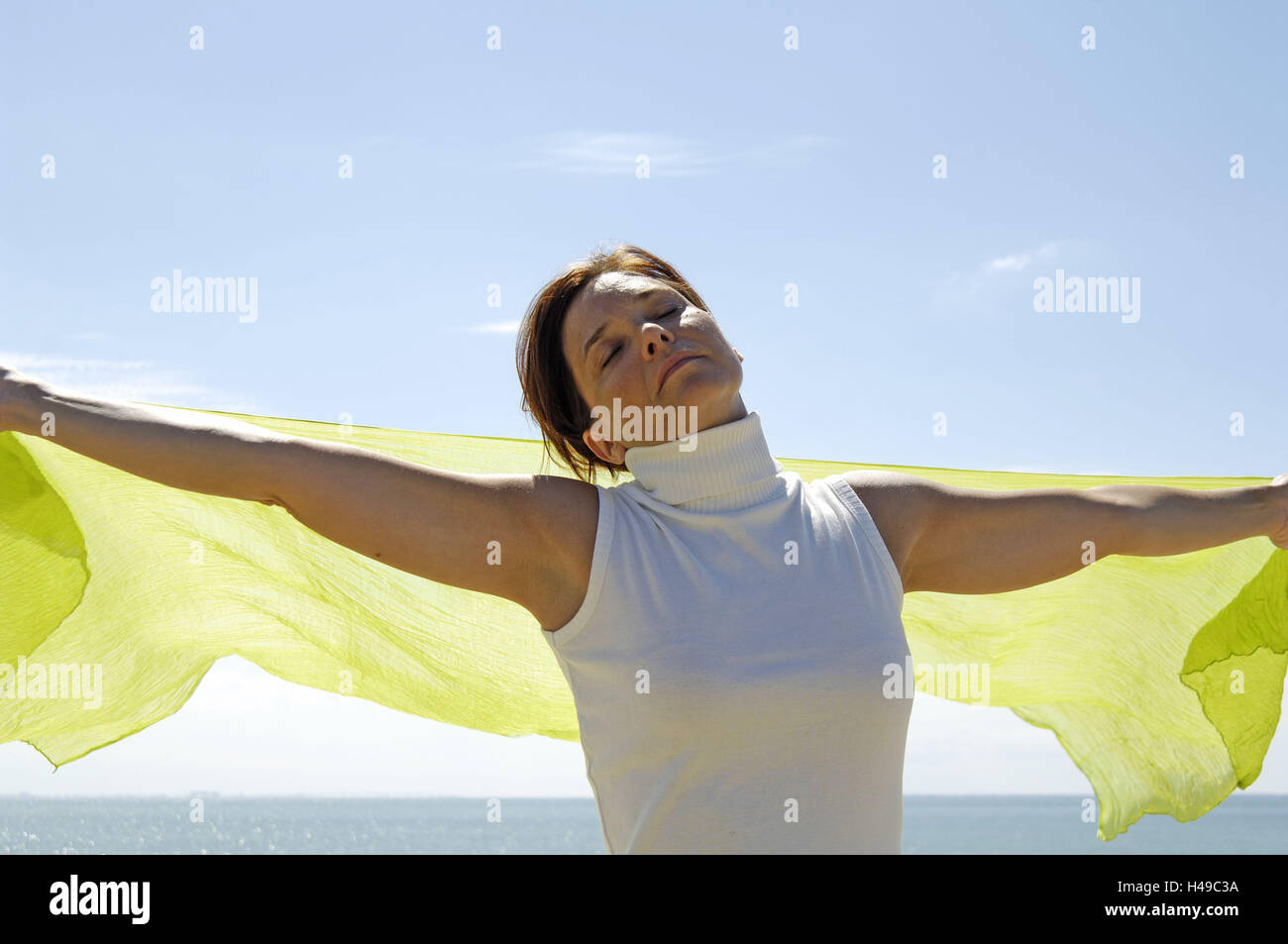 Woman, beach, dune, standing, cloth, wind, portrait, blow Stock Photo ...