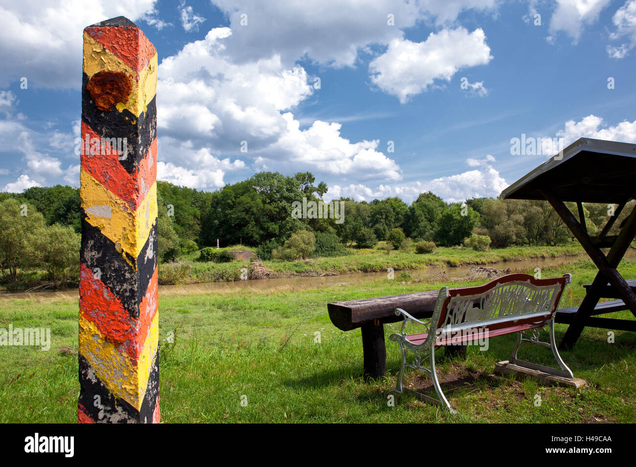 Germany, Saxony, Oder-Neisse cycle route, boundary post at the Polish ...