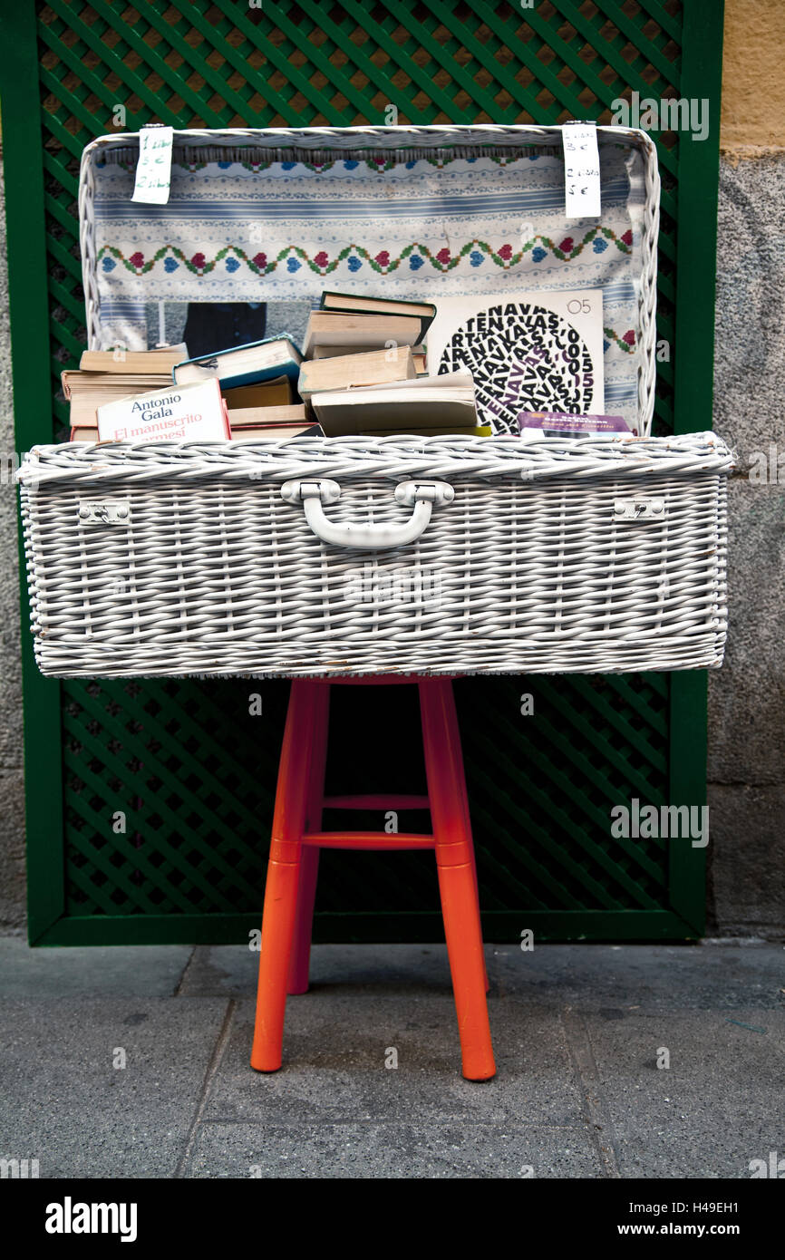 Basket, books, bookstore in the Malasana area, city centre, Madrid ...