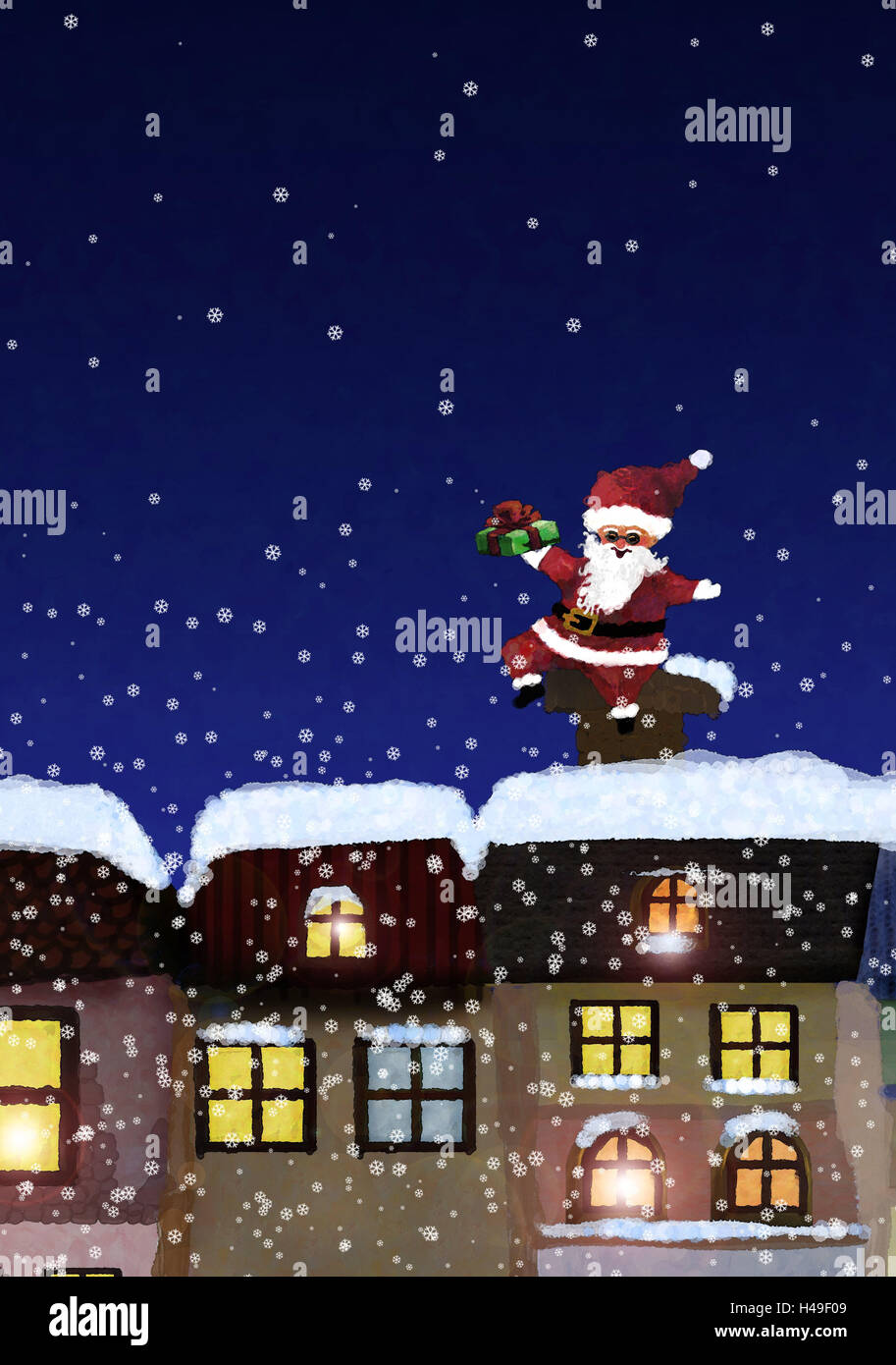 Illustration, houses, Santa, roof, sit, present, snowing, evening ...
