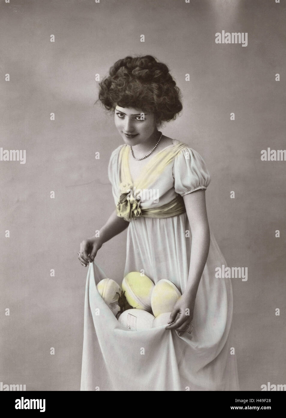 Nostalgia, woman, dress, eggs, b/w colored, postcard, nostalgic Stock ...