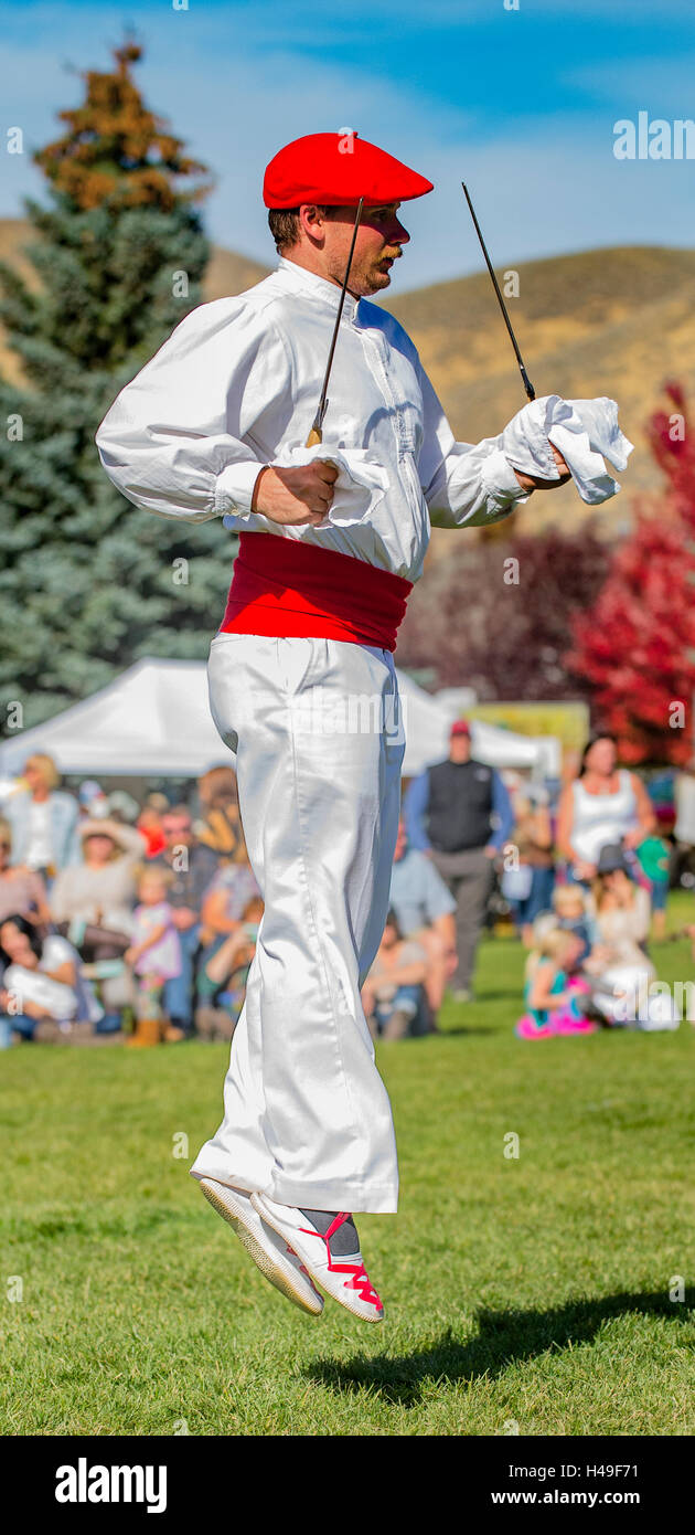 Trailing of the Sheep Festival. Oinkari Basque Dancer performing Sword ...