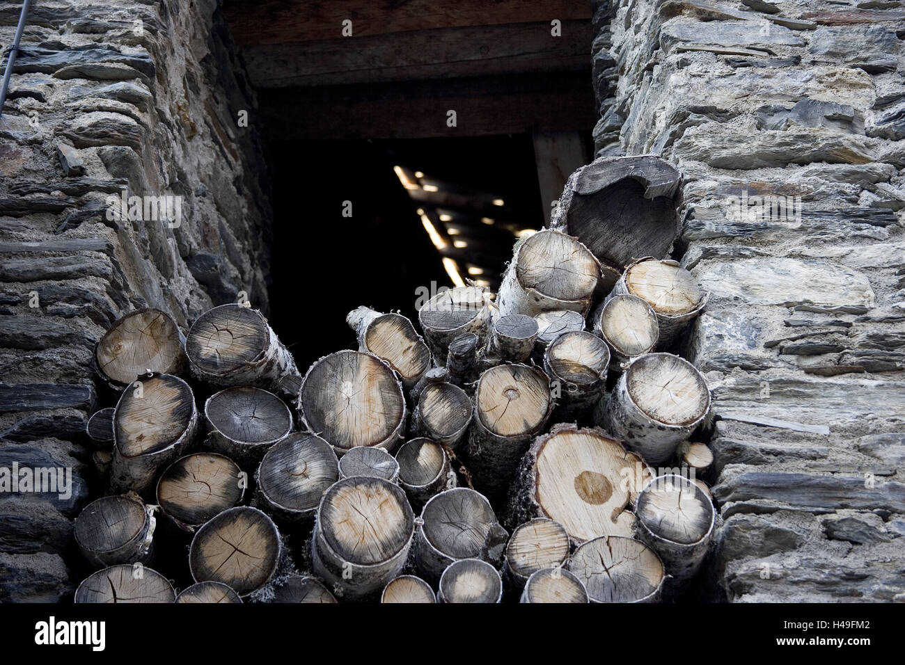 Spain, Cardos, Valley, stone house, detail, wooden batch, Catalonia ...