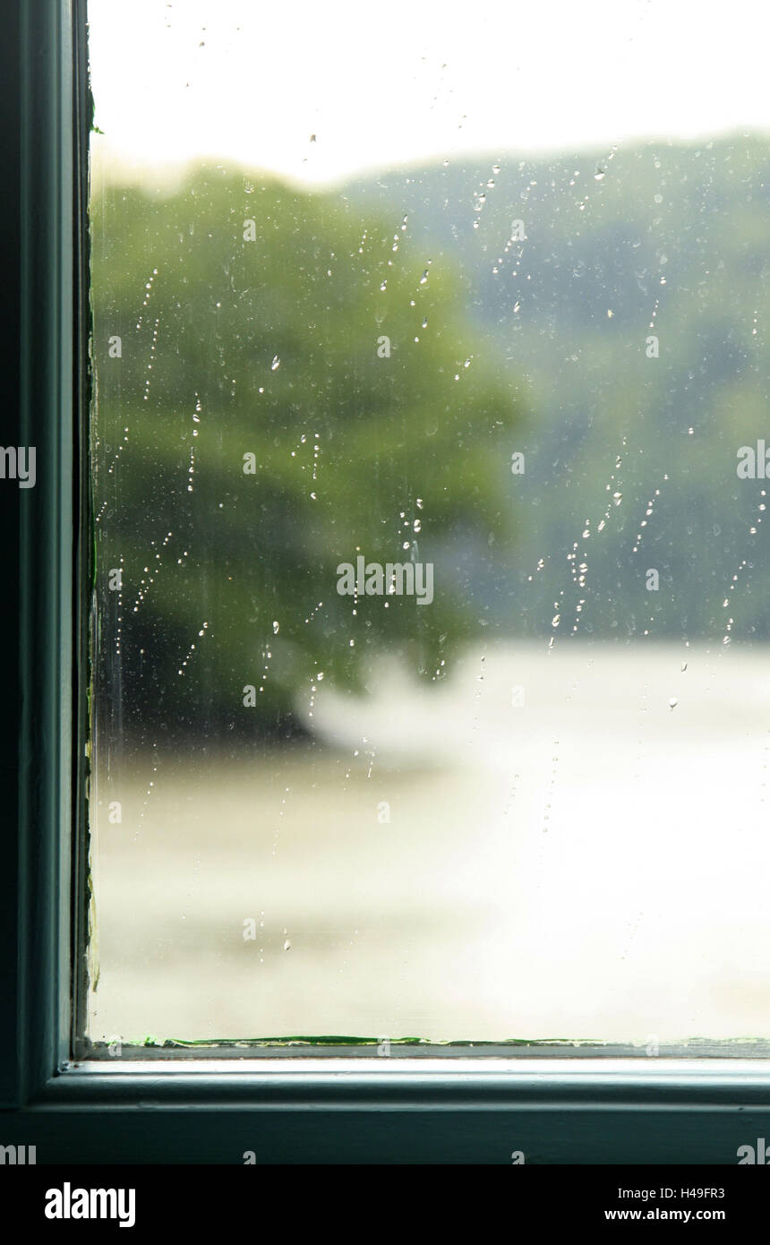 Window, dirty, drops of water, view, river, forest, window pane ...
