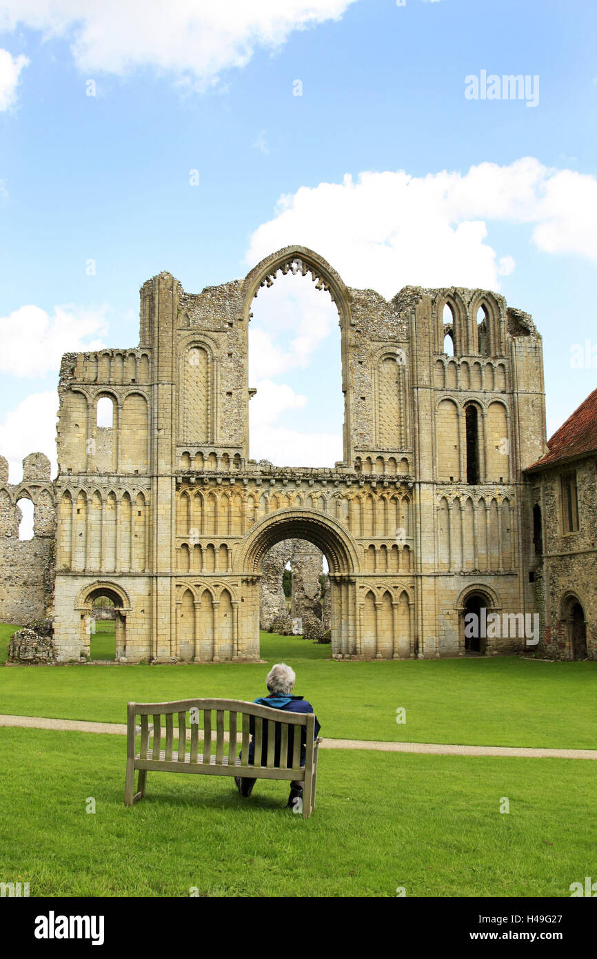 Great Britain, Norfolk, Castle Acre, cloister ruin, park-bench, tourist ...
