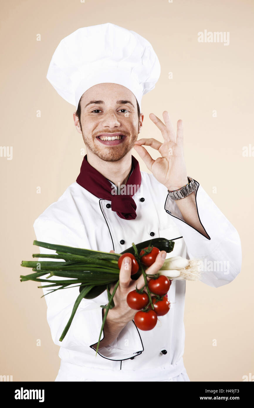 Cook, young, view camera, vegetables, point, gesture, really, tasty ...