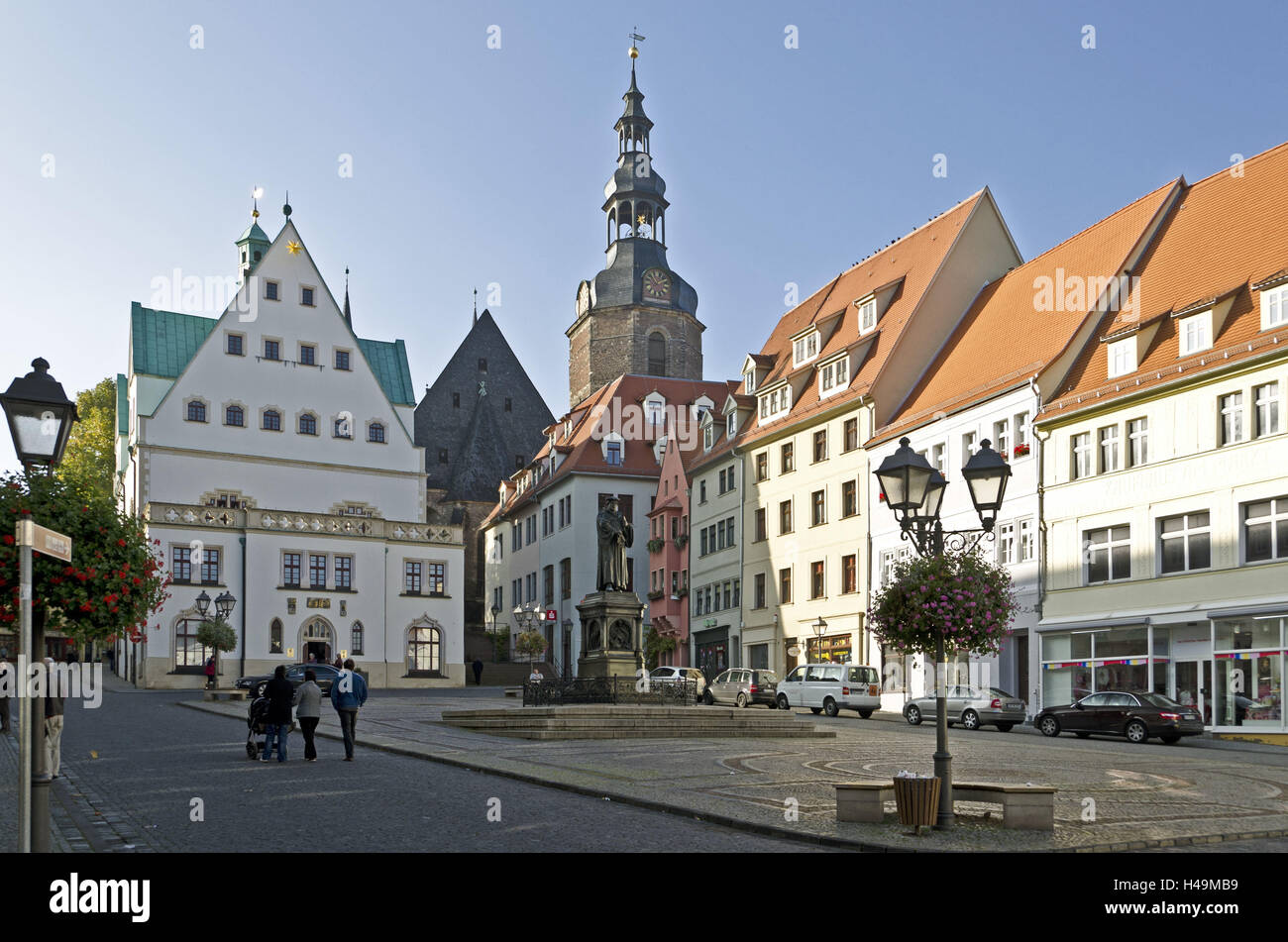 Germany, Saxony-Anhalt, Lutherstadt Eisleben, marketplace with city ...