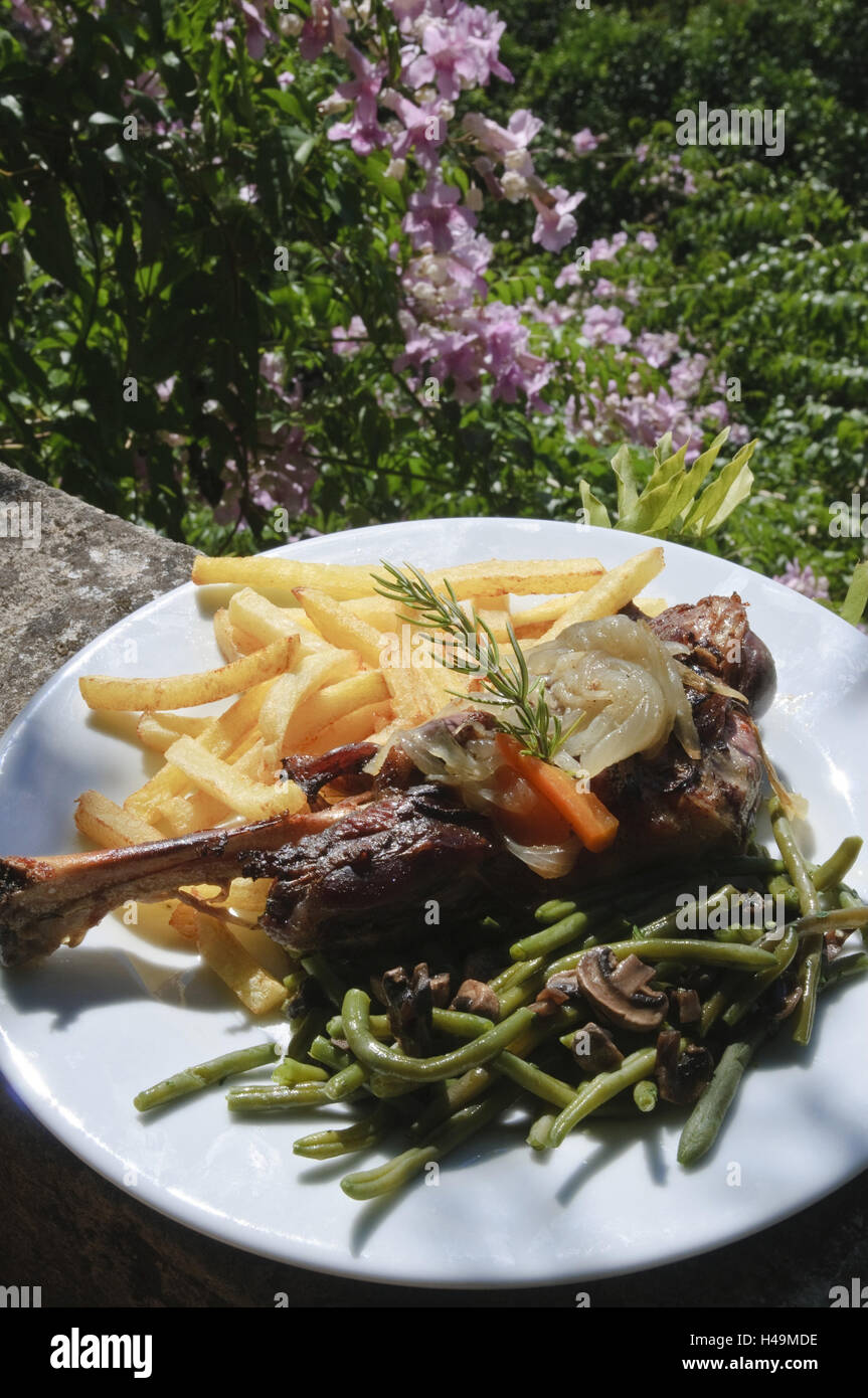 Plate, food, haunch of the mountain kid with vegetables, speciality ...