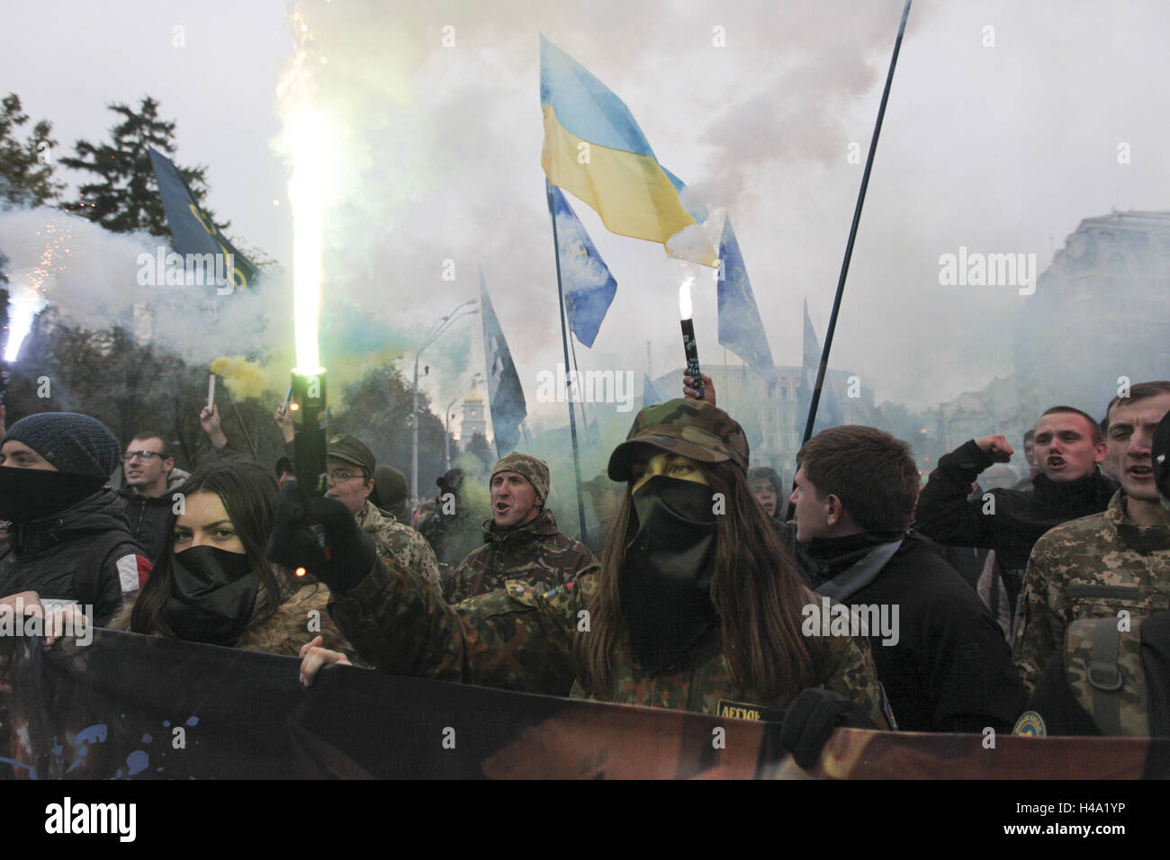 Kiev, Ukraine. 14th Oct, 2016. Members of the nationalist movement ...