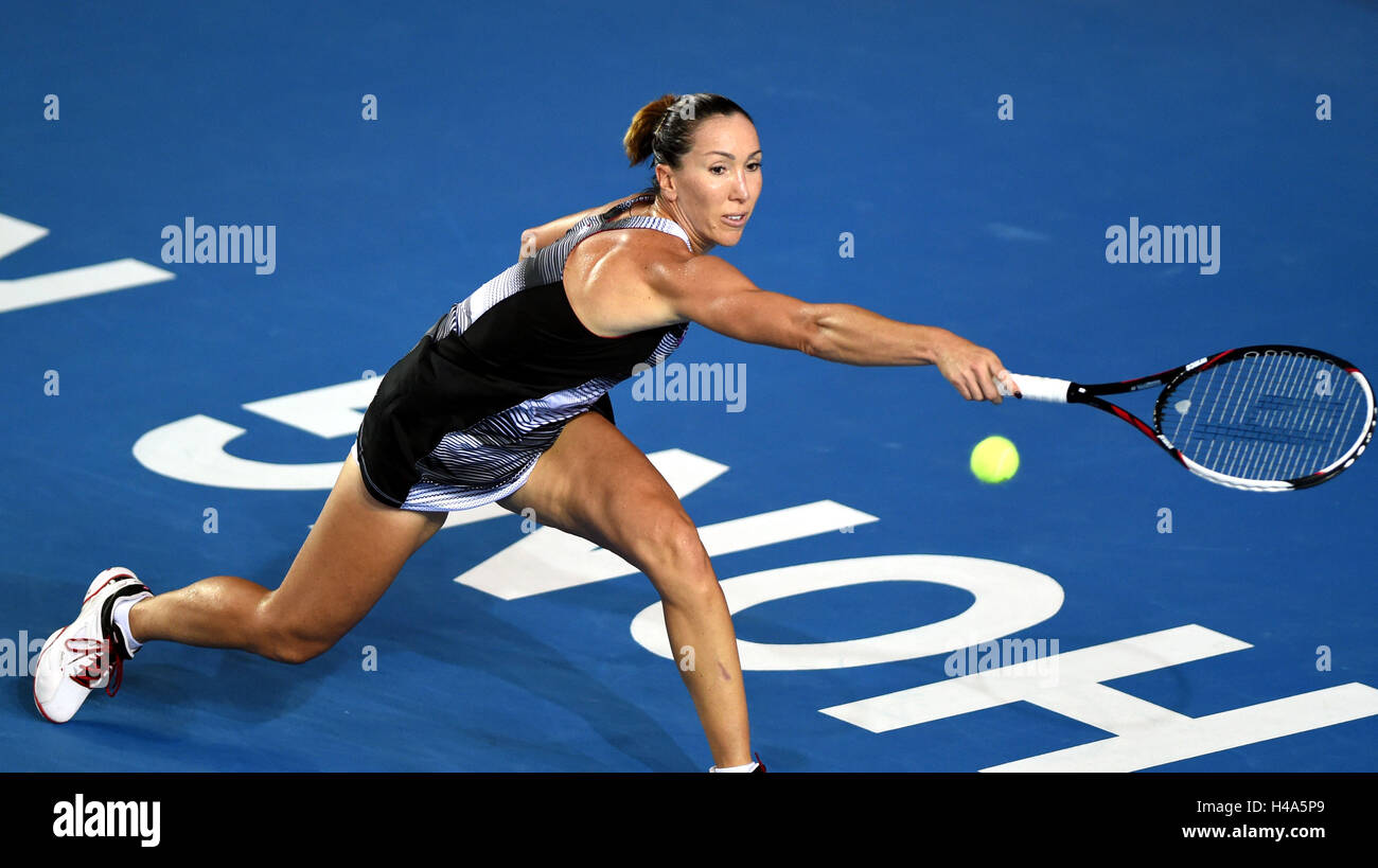 Hong Kong, China. 15th Oct, 2016. Jelena Jankovic of Serbia returns the ...
