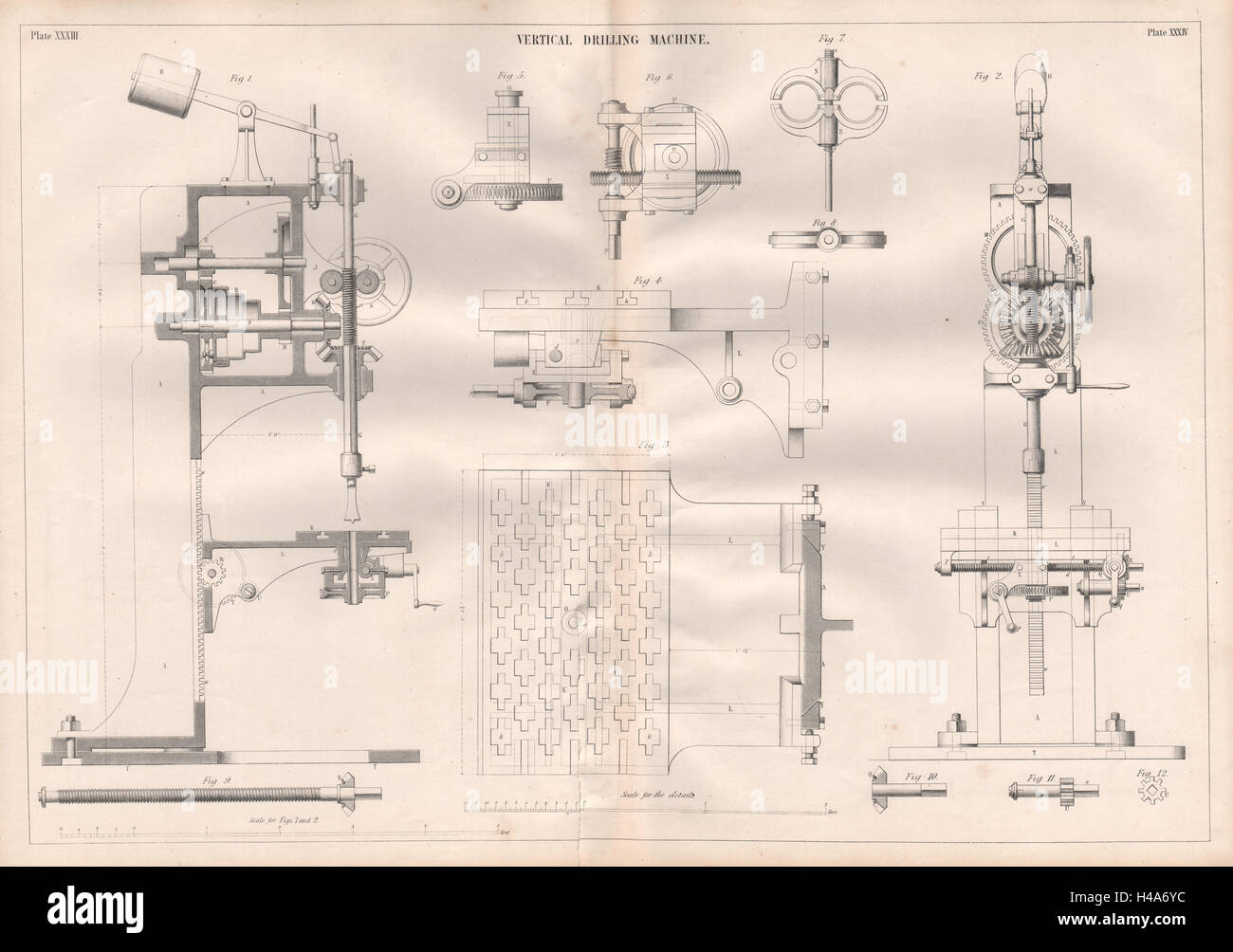 VICTORIAN ENGINEERING DRAWING. Vertical drilling machine 1847 old print ...