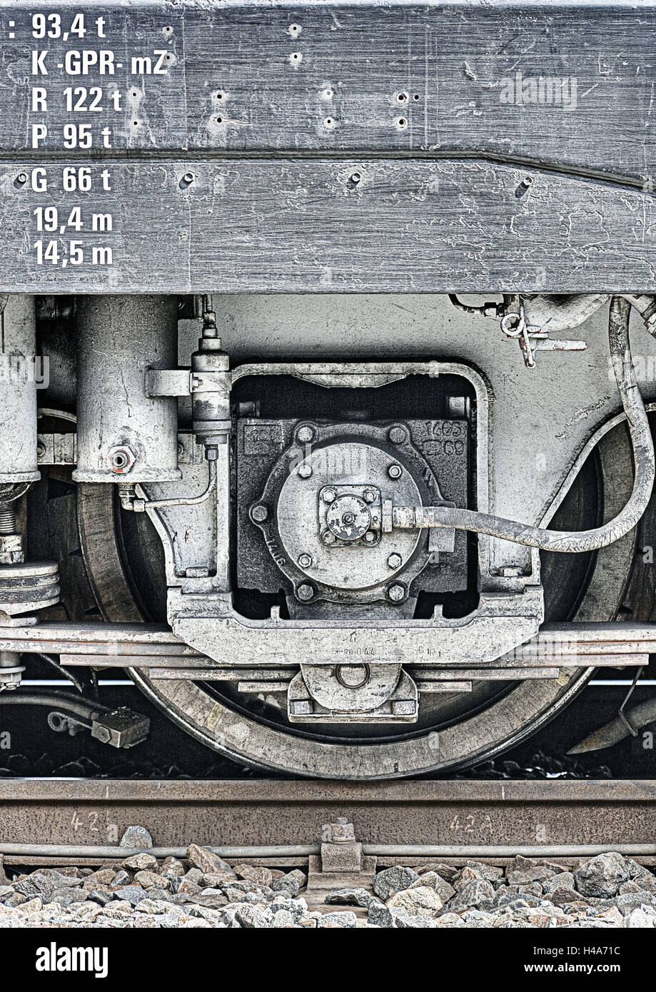 Locomotive, detail, wheel, leaf spring, steel, conduits, writing, close ...