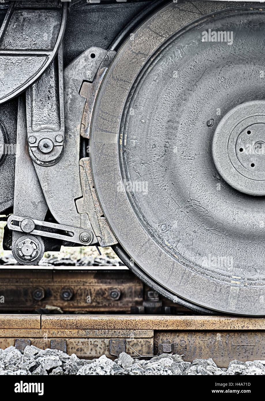 Locomotive, detail, wheel, brake shoes, rails, steel, grit, close-up ...