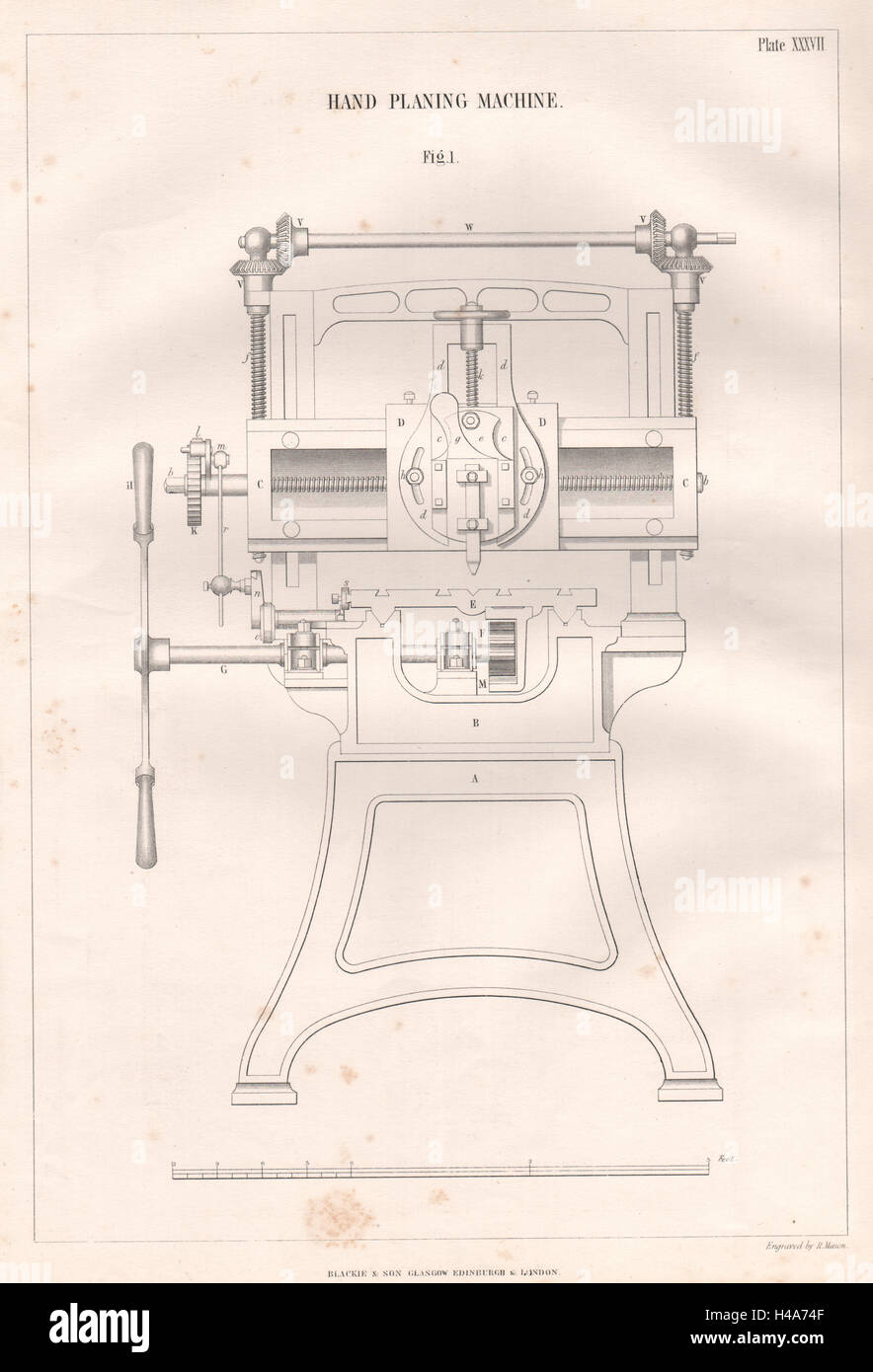 VICTORIAN ENGINEERING DRAWING. Hand planing machine. Fig 1 1847 old ...