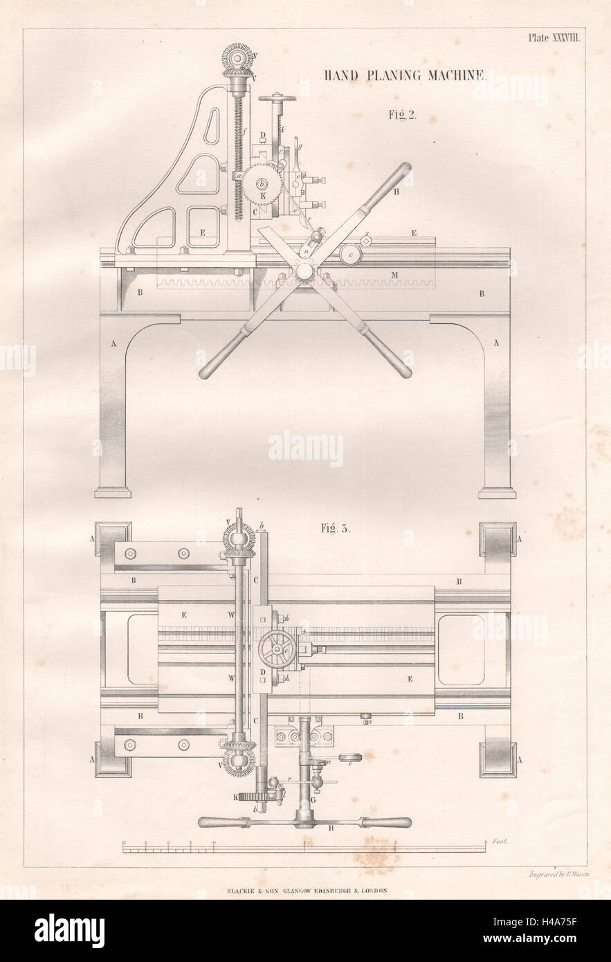 VICTORIAN ENGINEERING DRAWING. Hand planing machine. Fig 2 1847 old ...