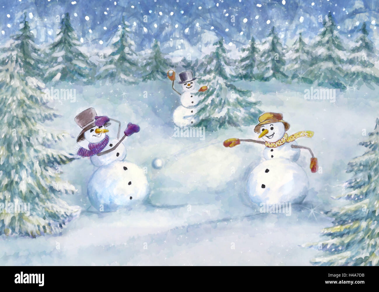 Subscription, wood, snowmen, snowball battle, snowing, illustration ...