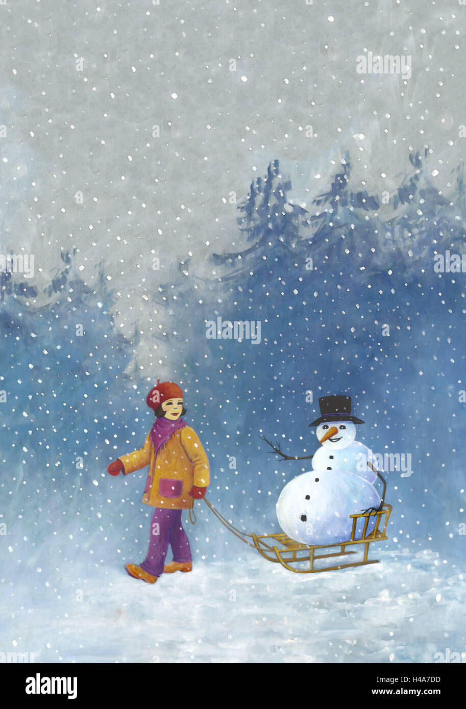 Subscription, child, snowman, slide, drag, snowing, illustration ...