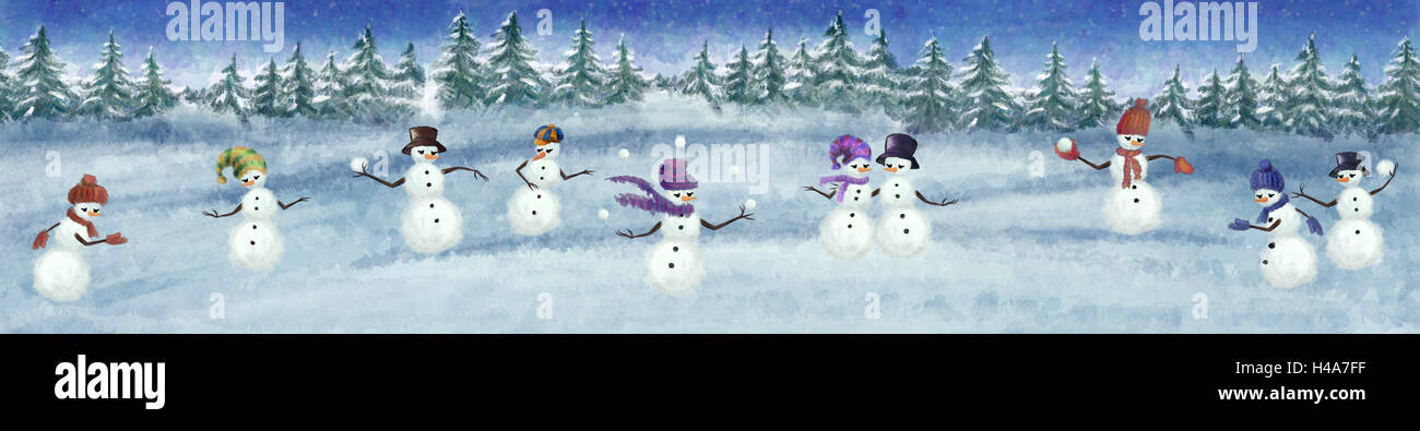 Illustration, snowmen, snowball battle, snowing, play subscription ...