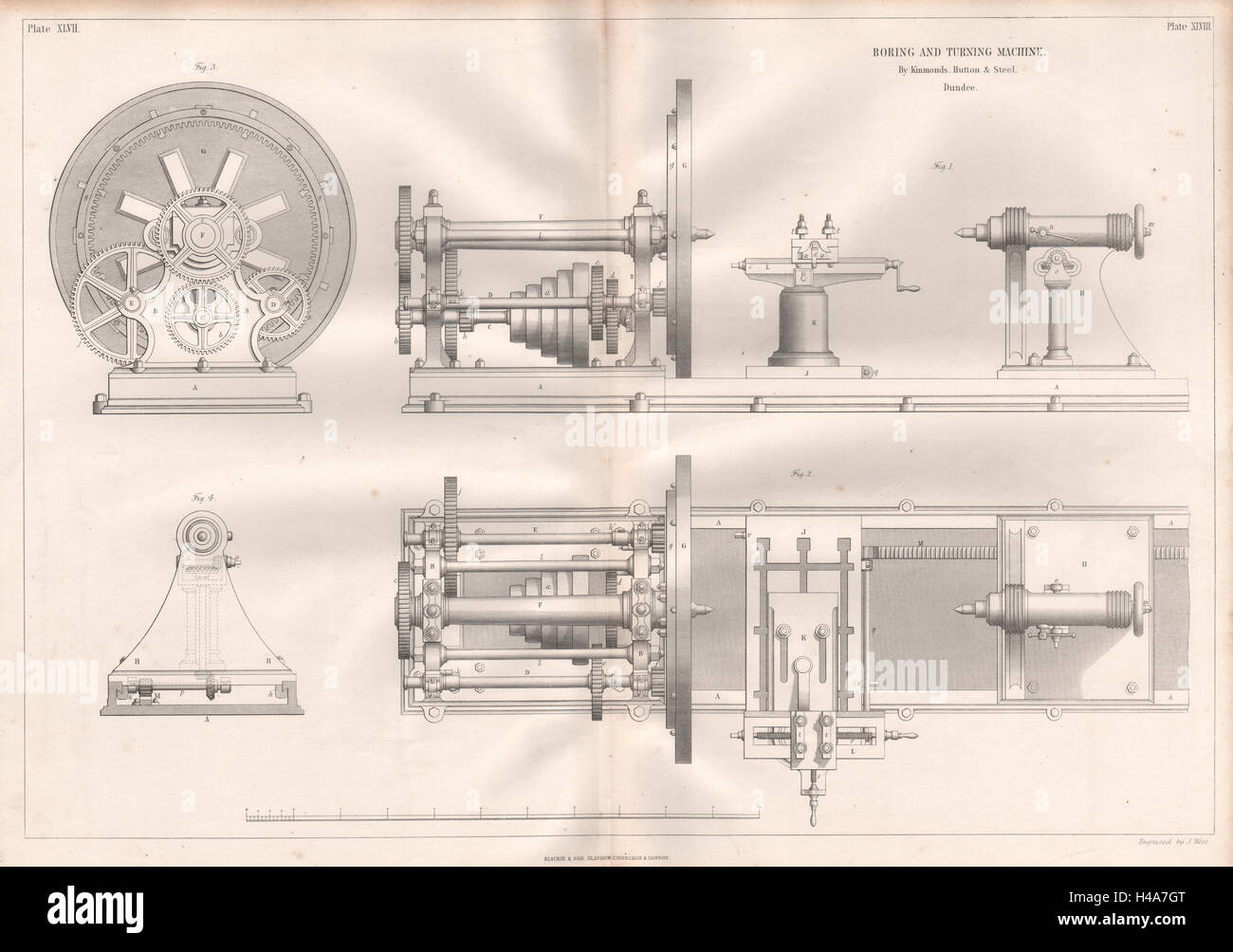 19C ENGINEERING DRAWING. Boring & turning machine. Kinmonds, Hutton ...