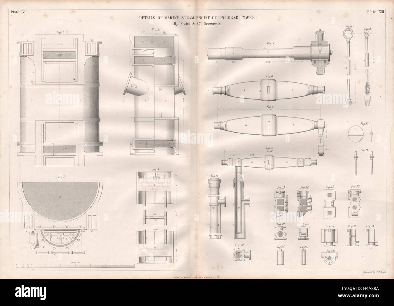 19C ENGINEERING DRAWING. 145hp marine steam engine details. Caird & Co ...