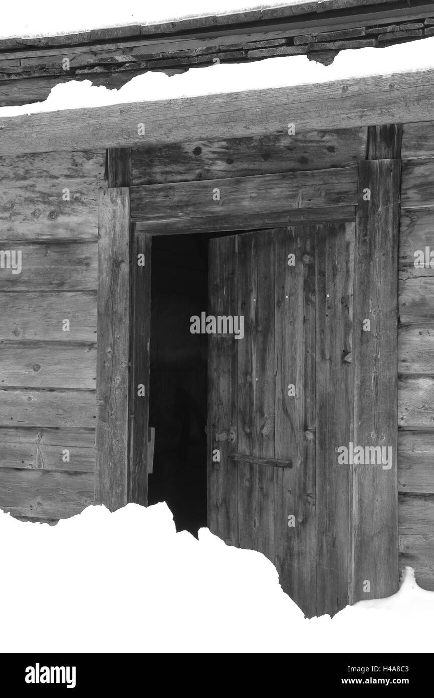wooden steelworks, door, openly, snow, alp room, alp world, steelworks ...