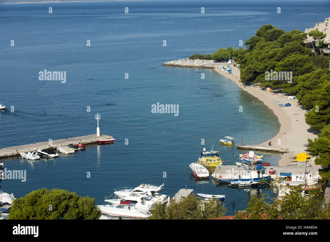 Croatia, Dalmatia, Makarska Riviera, Brela, view at harbour and beach ...