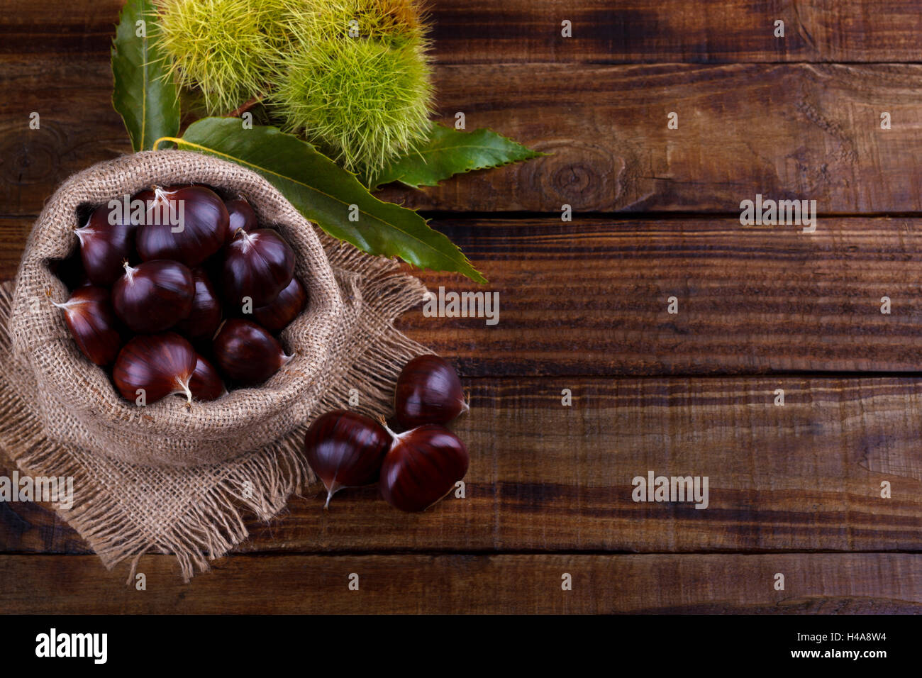 Fresh chestnuts in burlap sack on rustic background, copy space Stock ...