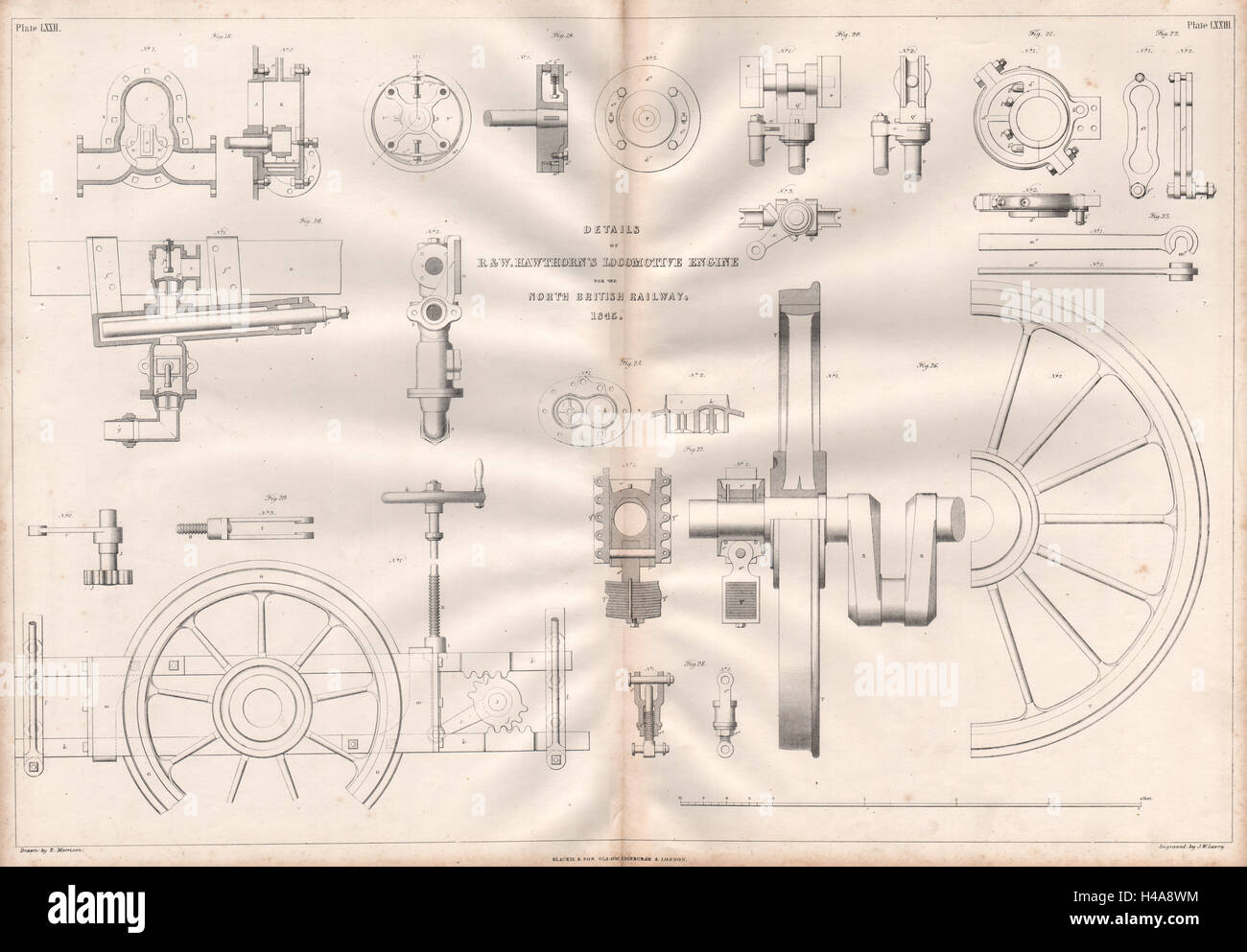 19C ENGINEERING DRAWING. Locomotive engine details. North British ...