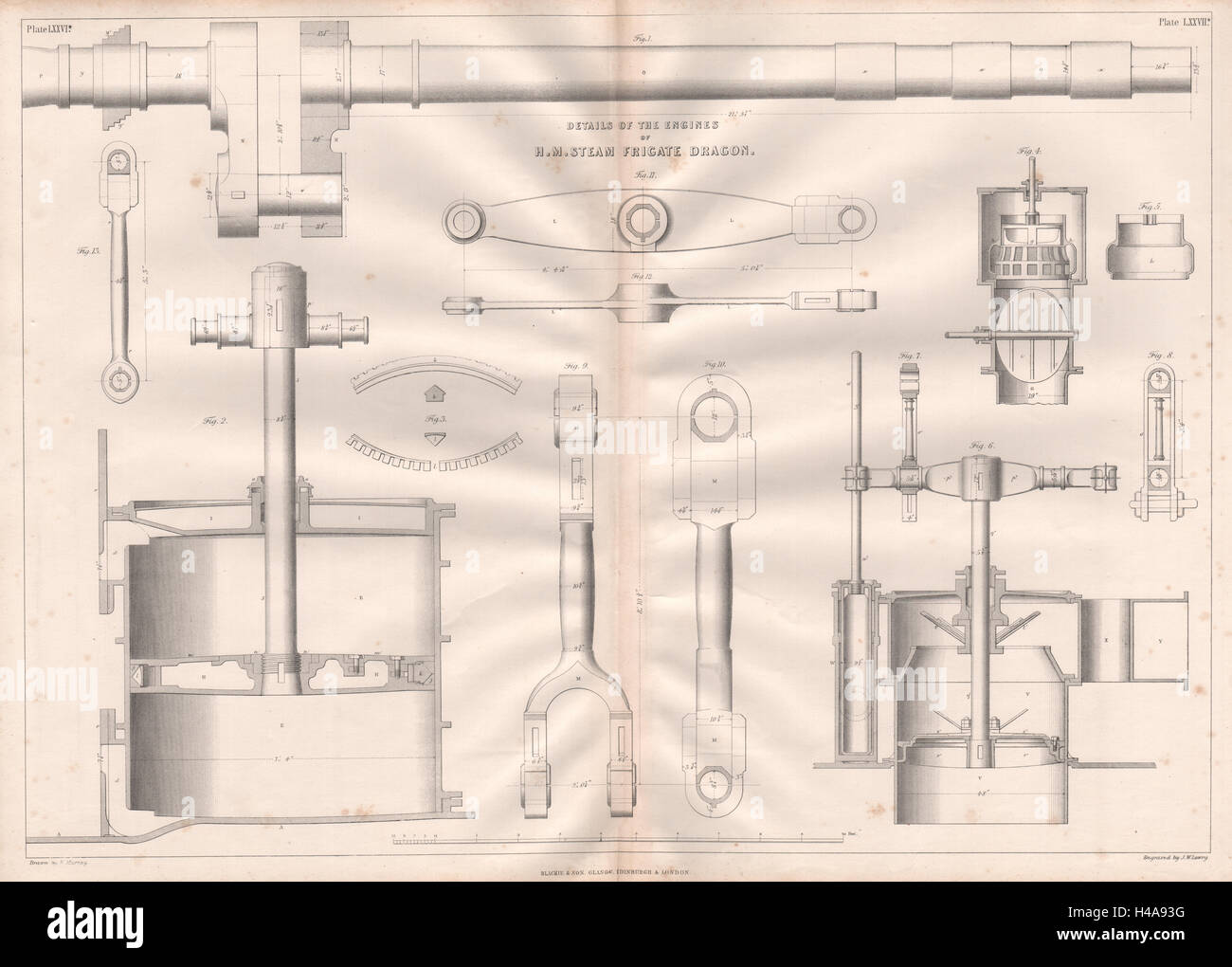 VICTORIAN ENGINEERING DRAWING. HM Steam Frigate Dragon's engines detail ...