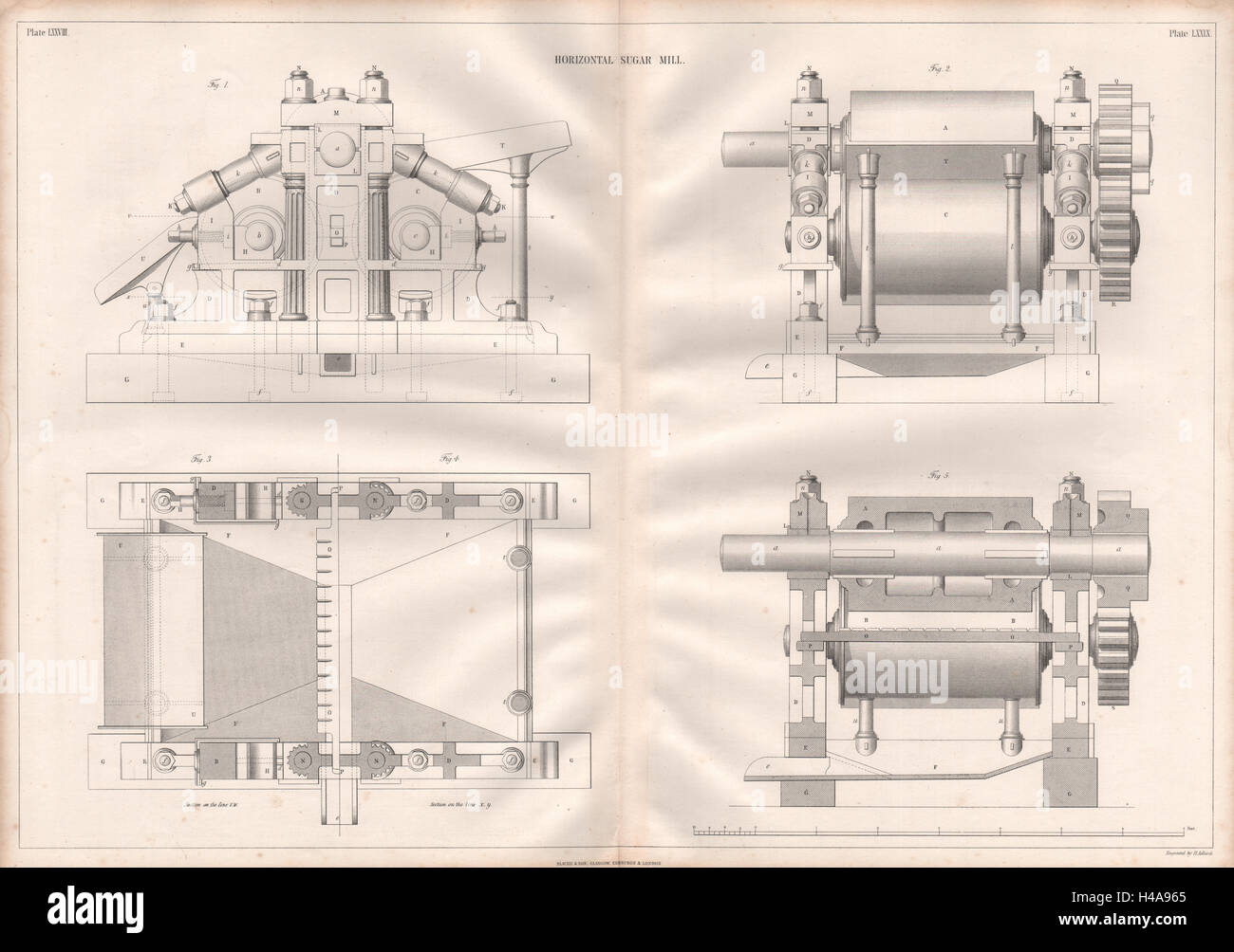 VICTORIAN ENGINEERING DRAWING. Horizontal sugar mill (1) 1847 old print ...