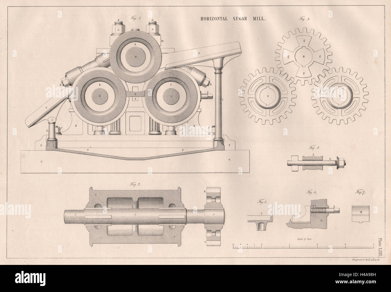 VICTORIAN ENGINEERING DRAWING. Horizontal sugar mill (2) 1847 old print ...