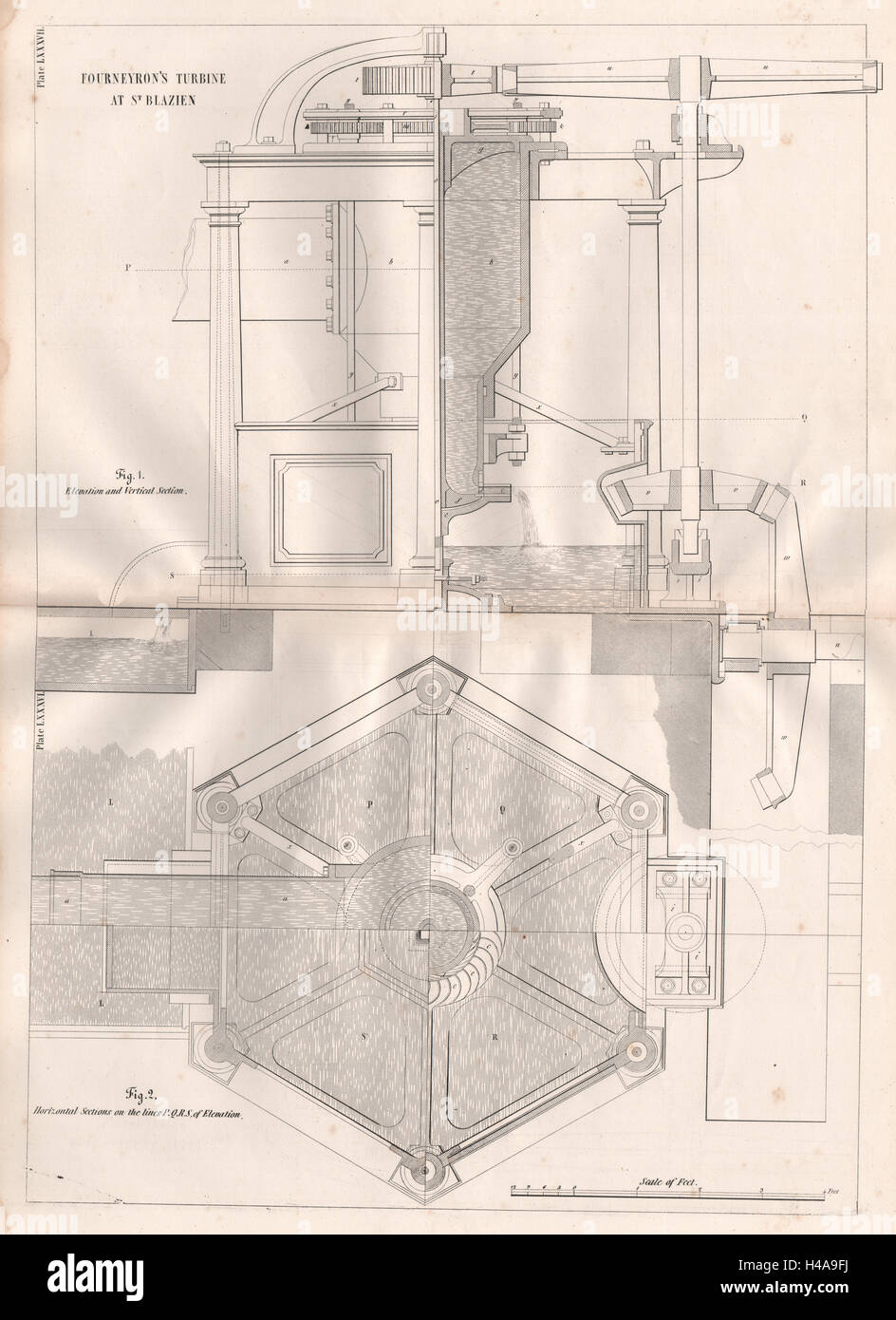 VICTORIAN ENGINEERING DRAWING. Fourneyron's turbine at St. Blasien (2 ...