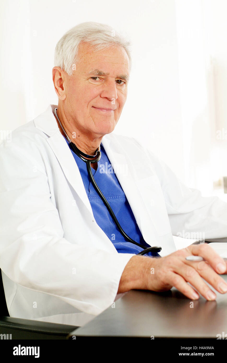 Speech rooms, doctor, desk, sit, half portrait, side view, practise ...