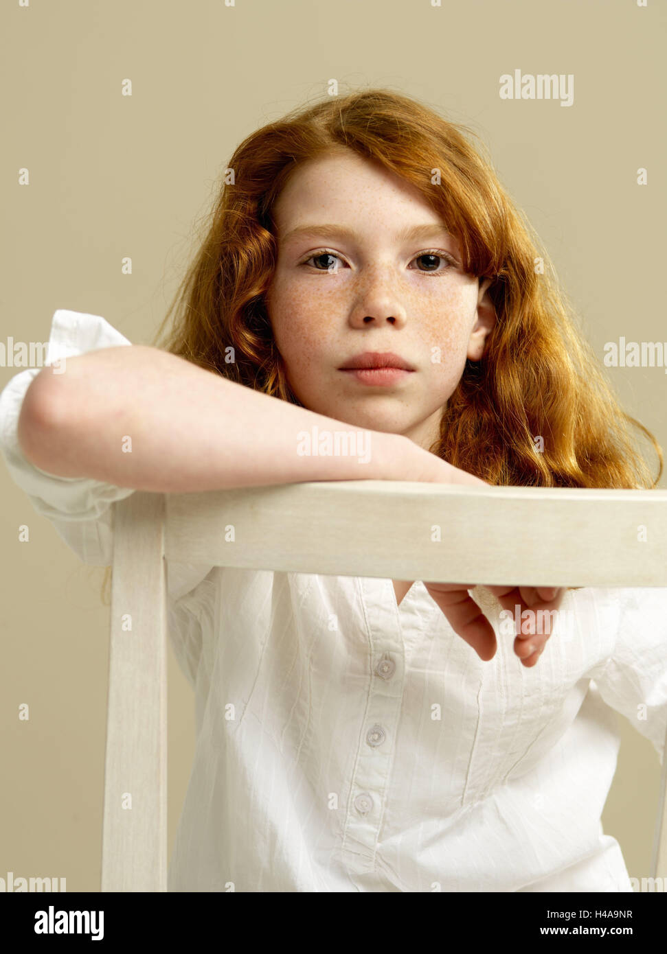 Girls, red-haired, seriously, chair back, add support, portrait, child ...