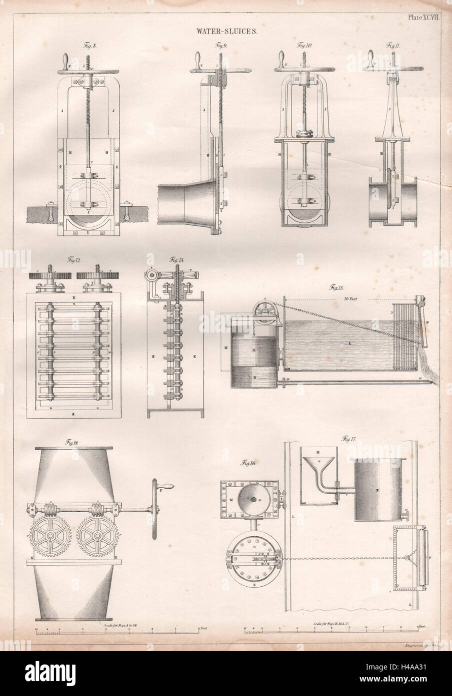VICTORIAN ENGINEERING DRAWING. Water-sluices 1847 old antique print ...
