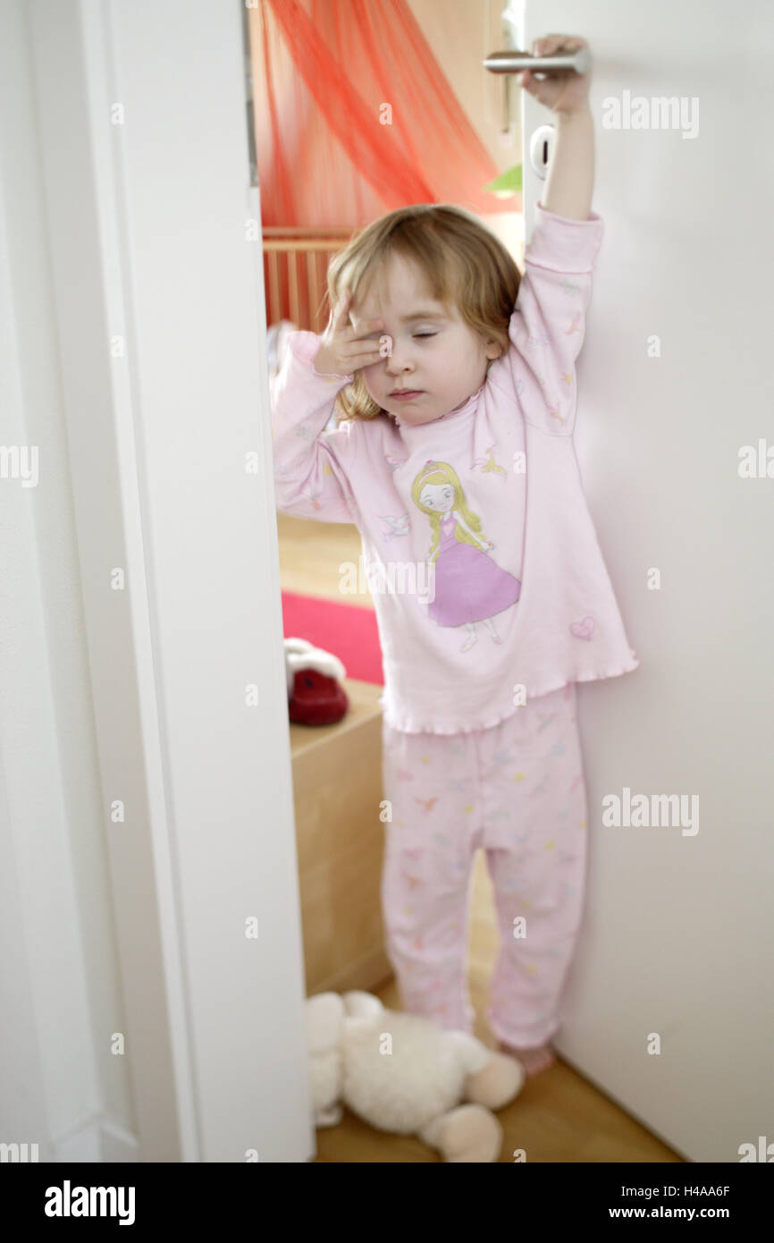Child, girl, sleepwalking, 4-6 years, alone, lonely, hall, door, inside ...